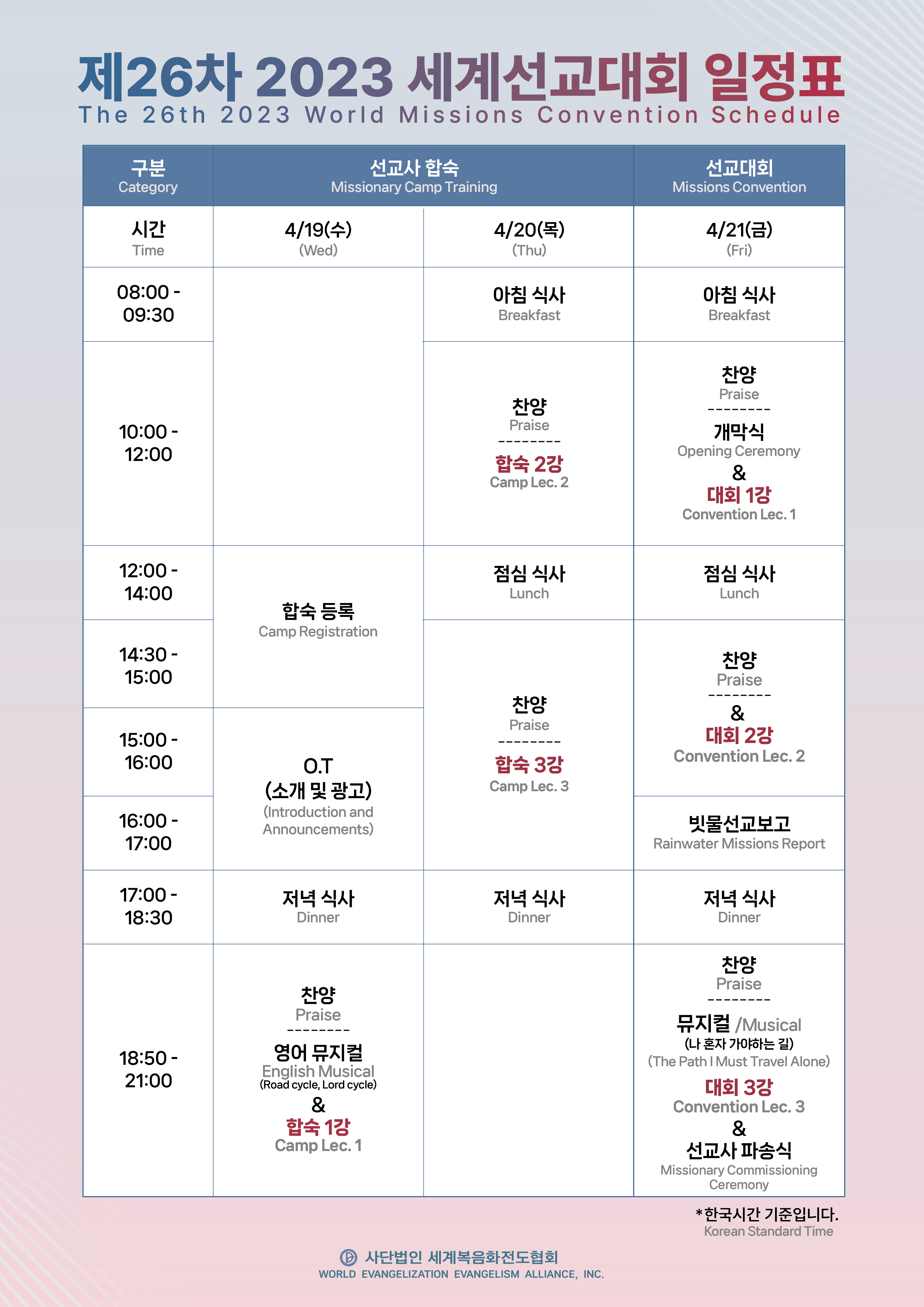제26차 2023 세계선교대회 일정표 – WEEA